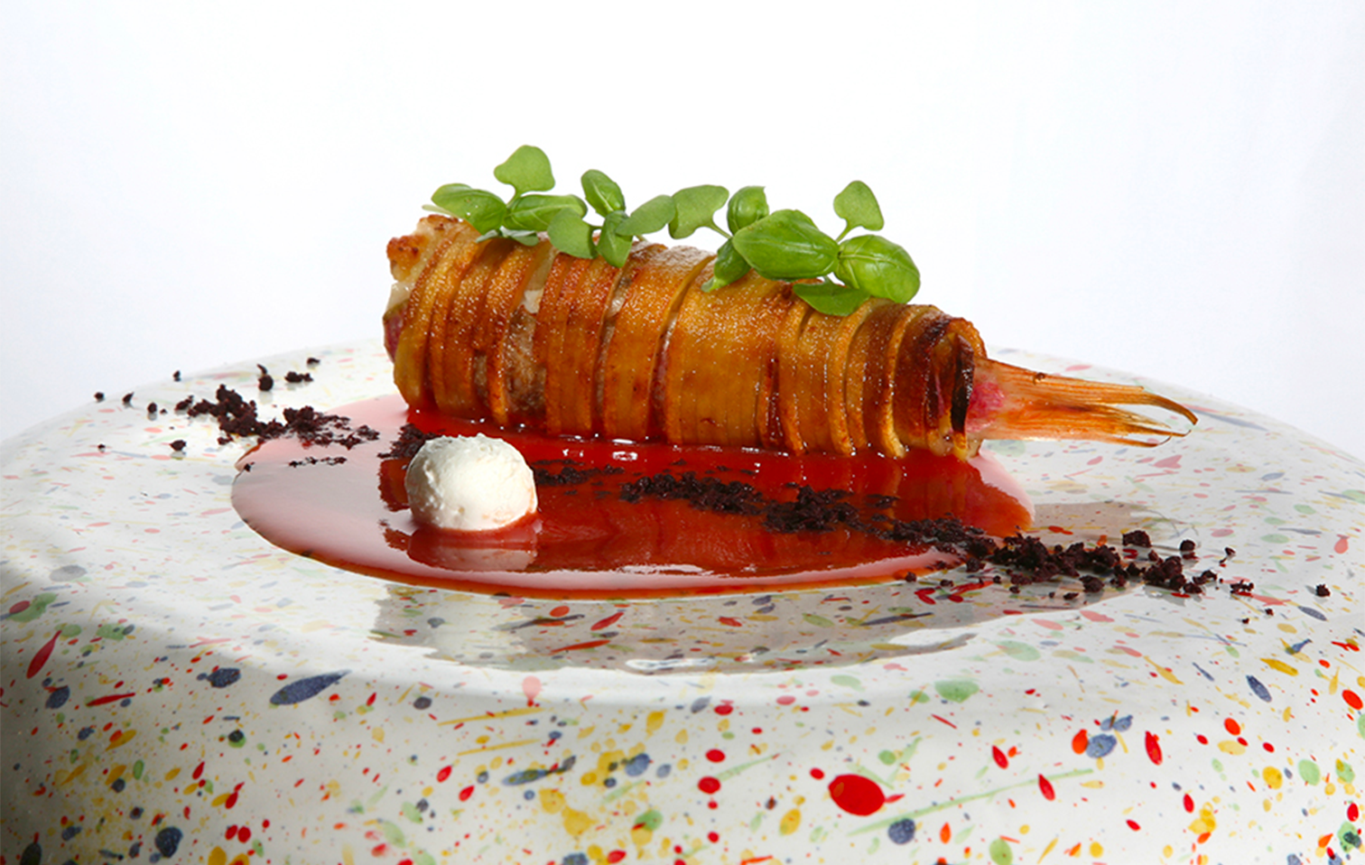 Triglia in fili di patate, pomodoro San Marzano e gelato di formaggio ...