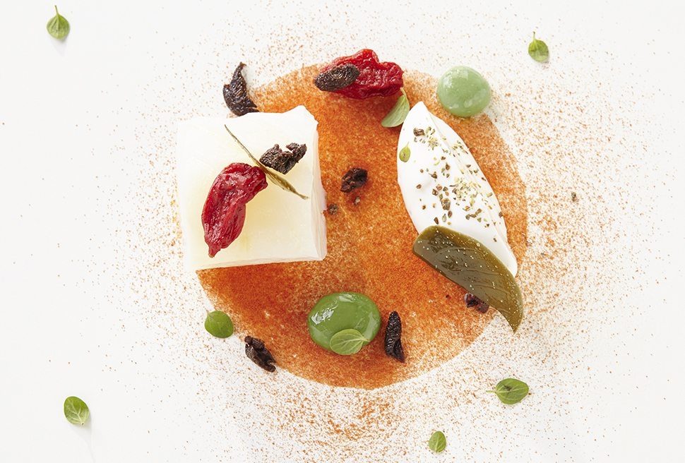 Ricetta Baccalà, pizzaiola disidratata, olive verdi | Chef Andrea Aprea ...