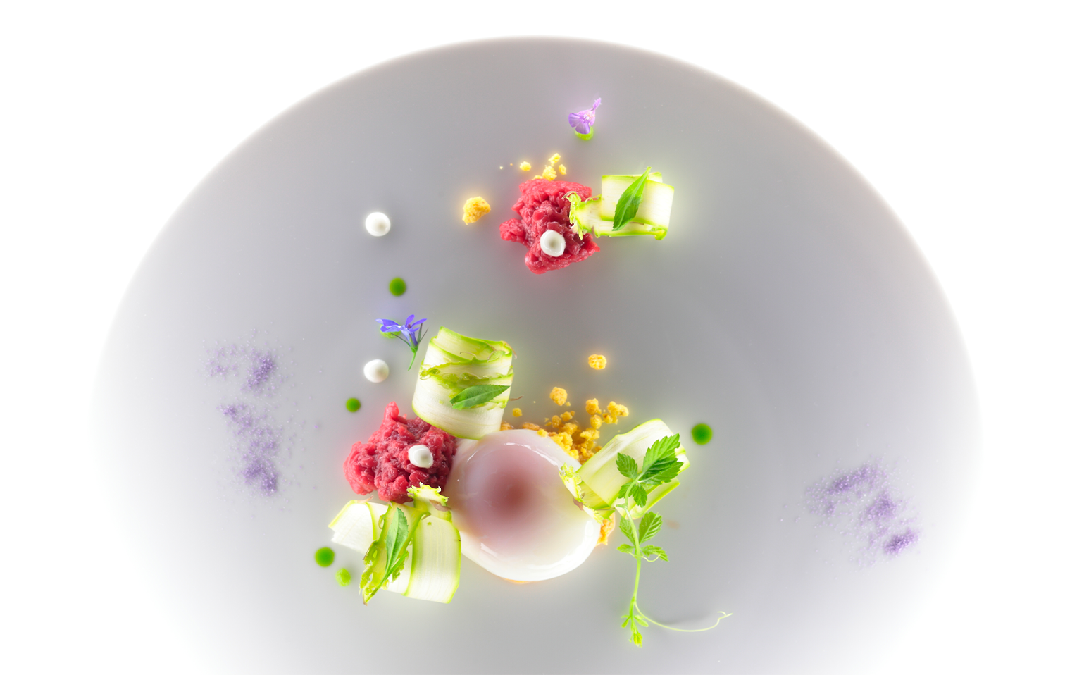 Fassona beef, poached egg, asparagus jelly, and Parmigiano crumble ...
