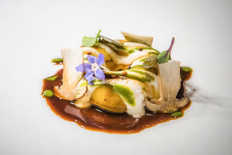 Egg pasta doughnut, chimichurri, winter mushrooms and mushroom ...